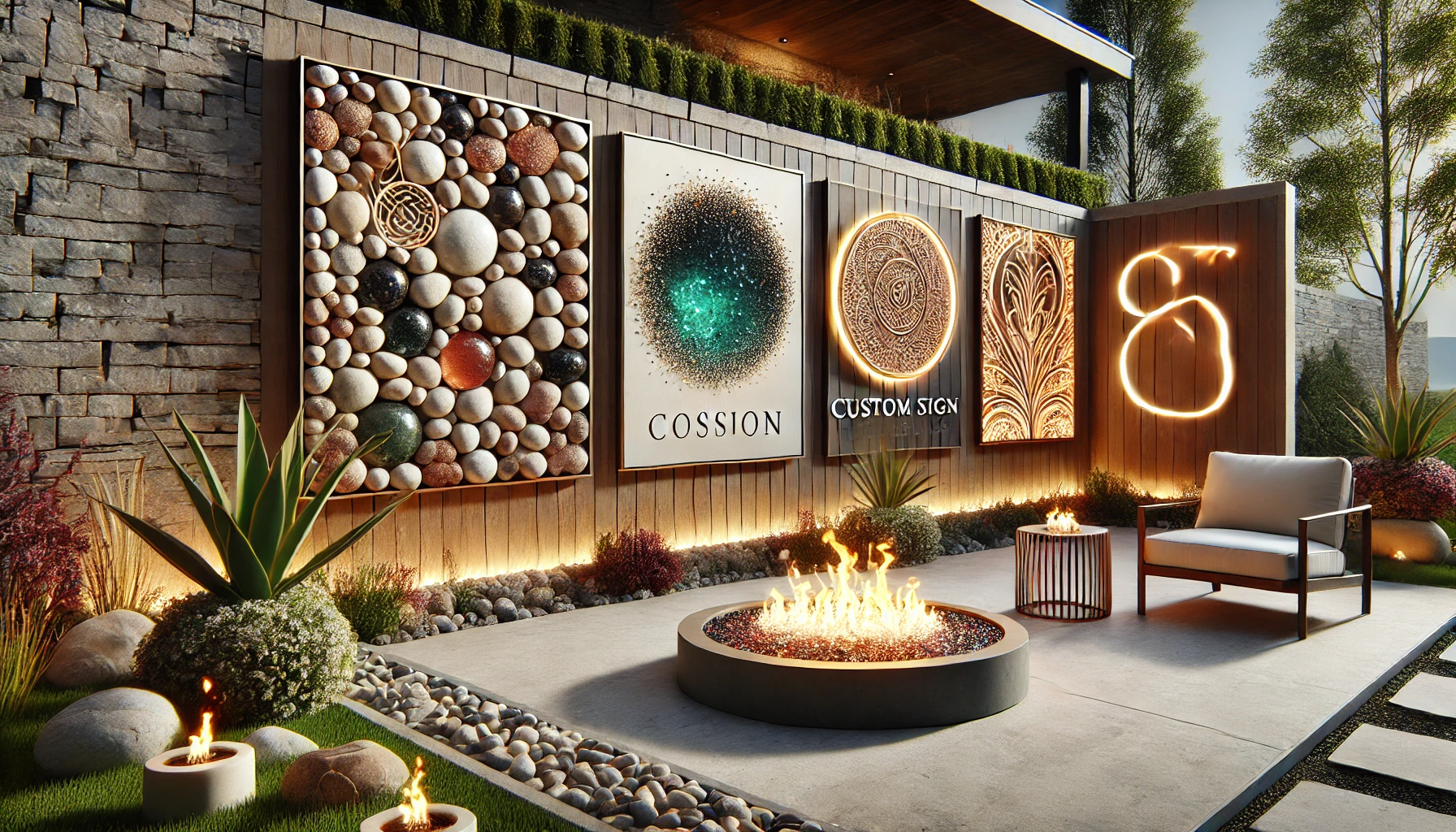 Gabion, Custom Sign, and Fire Glass Displays for Unique Designs